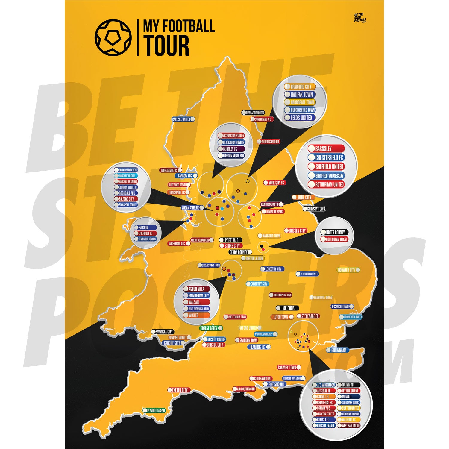 My Football Tour Map | A2 Poster | Amber / Black Team Colours | BTSP ...