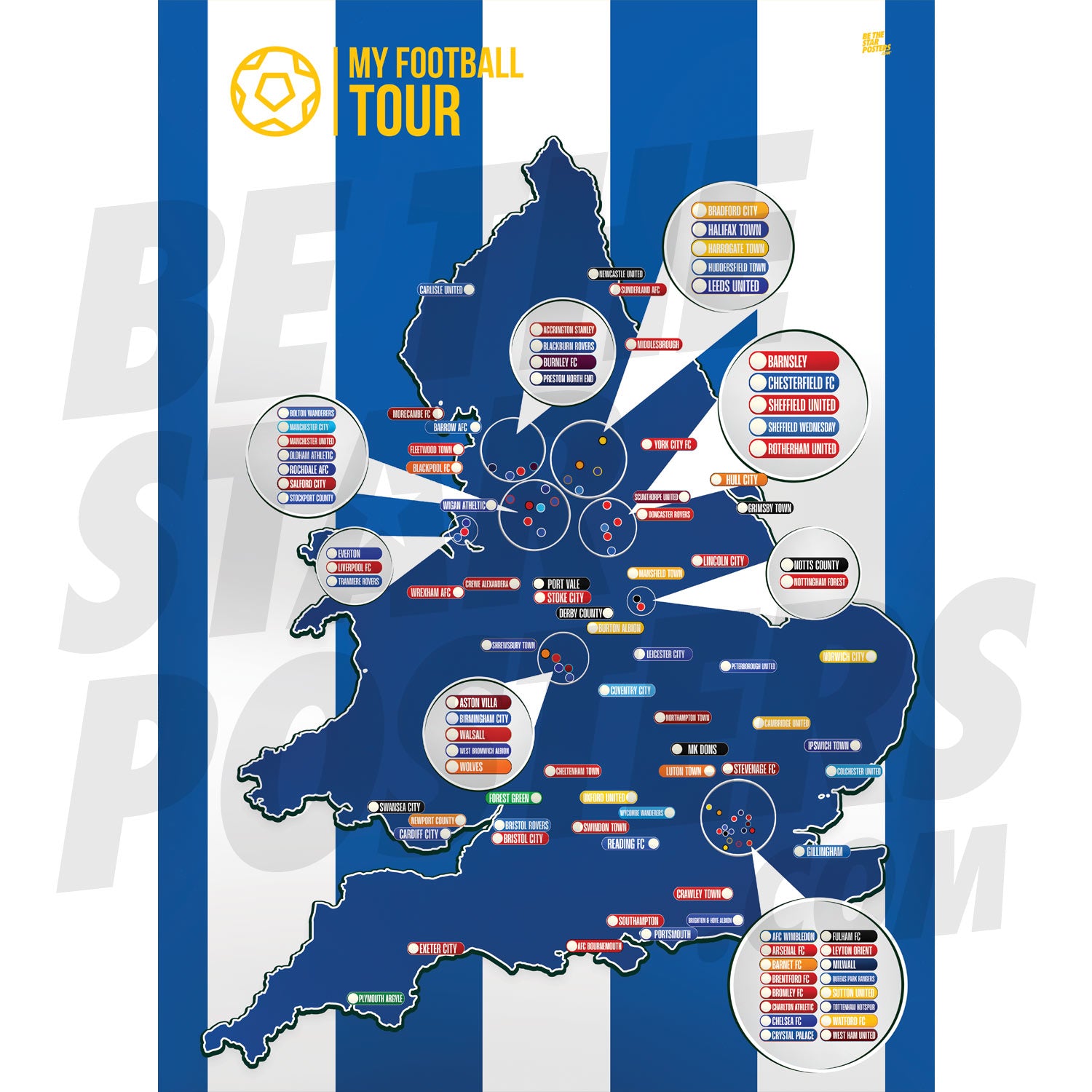 My Football Tour Map | A2 Poster | Blue / White Stripes Team Colours ...