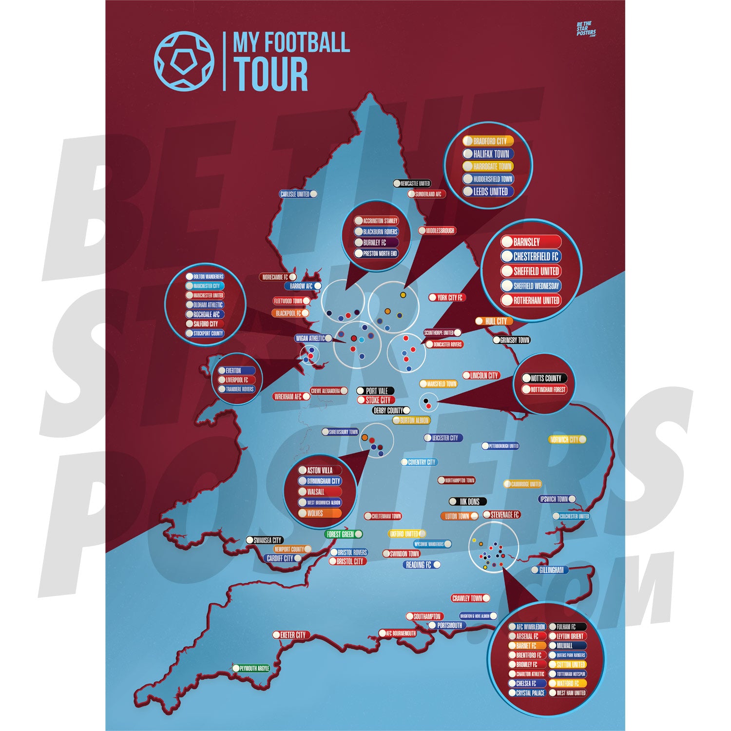 My Football Tour Map | A2 Poster | Claret / Blue Team Colours – Be The ...