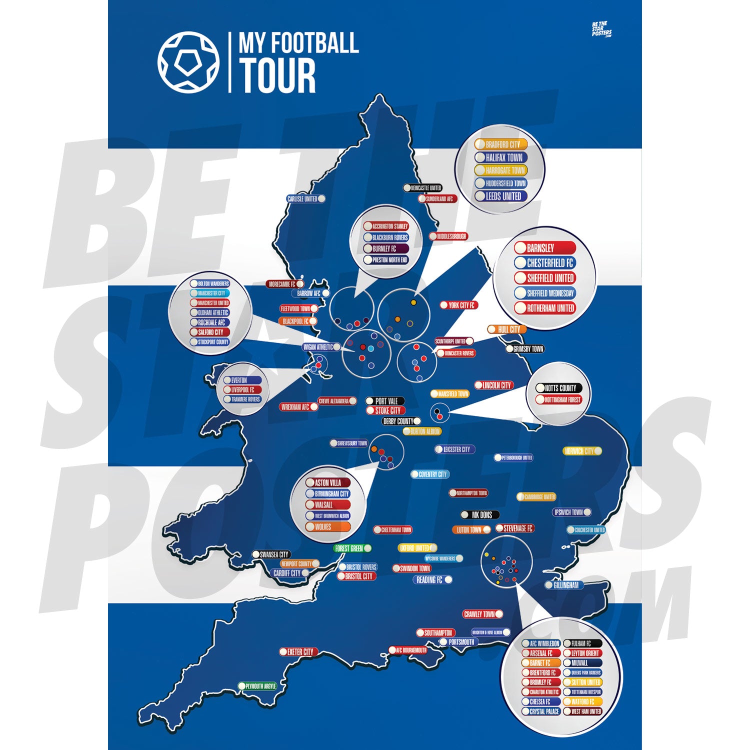 My Football Tour Map | A2 Poster | Blue / White Hoops Team Colours – Be ...