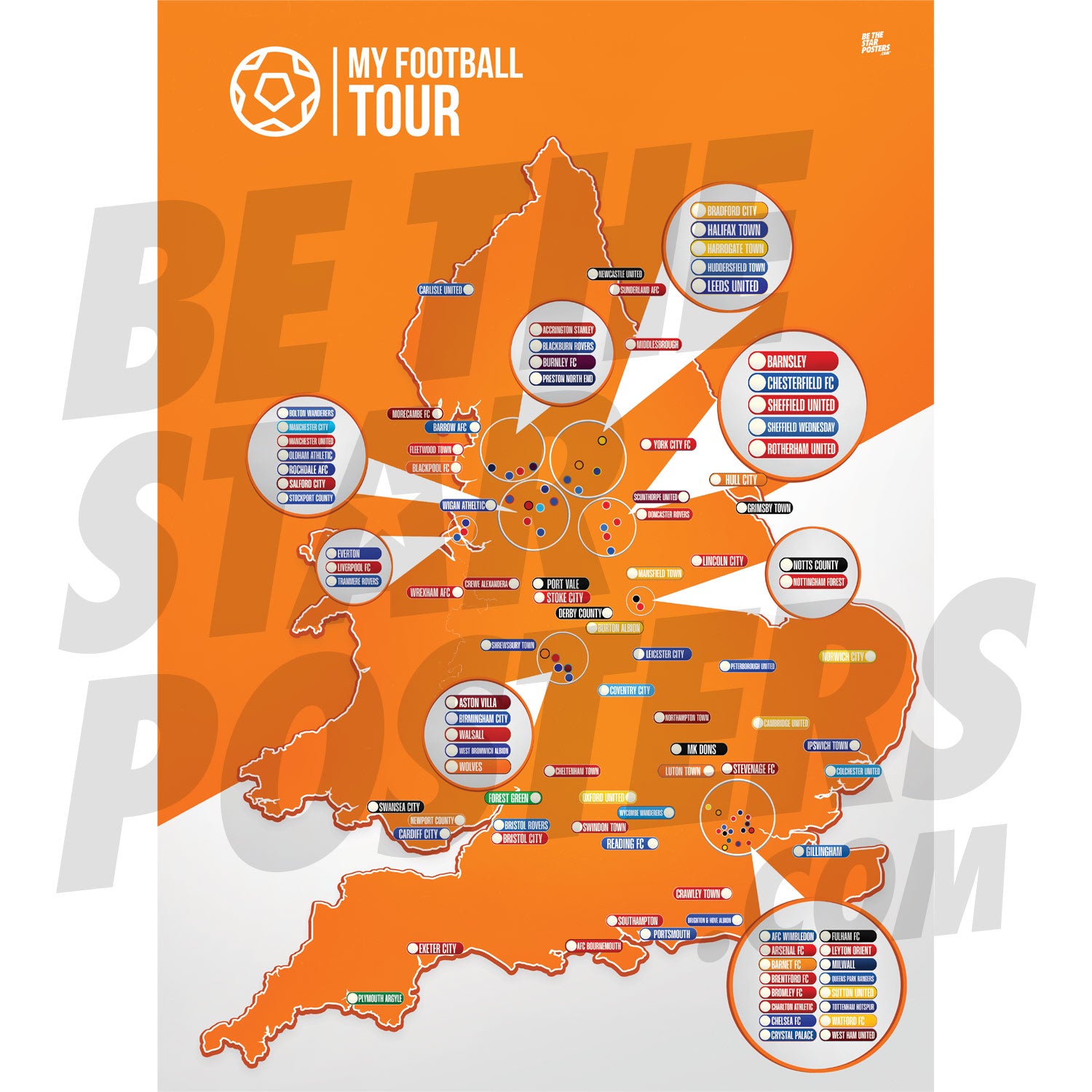 My Football Tour Map | A2 Poster | Orange / White Team Colours – Be The ...