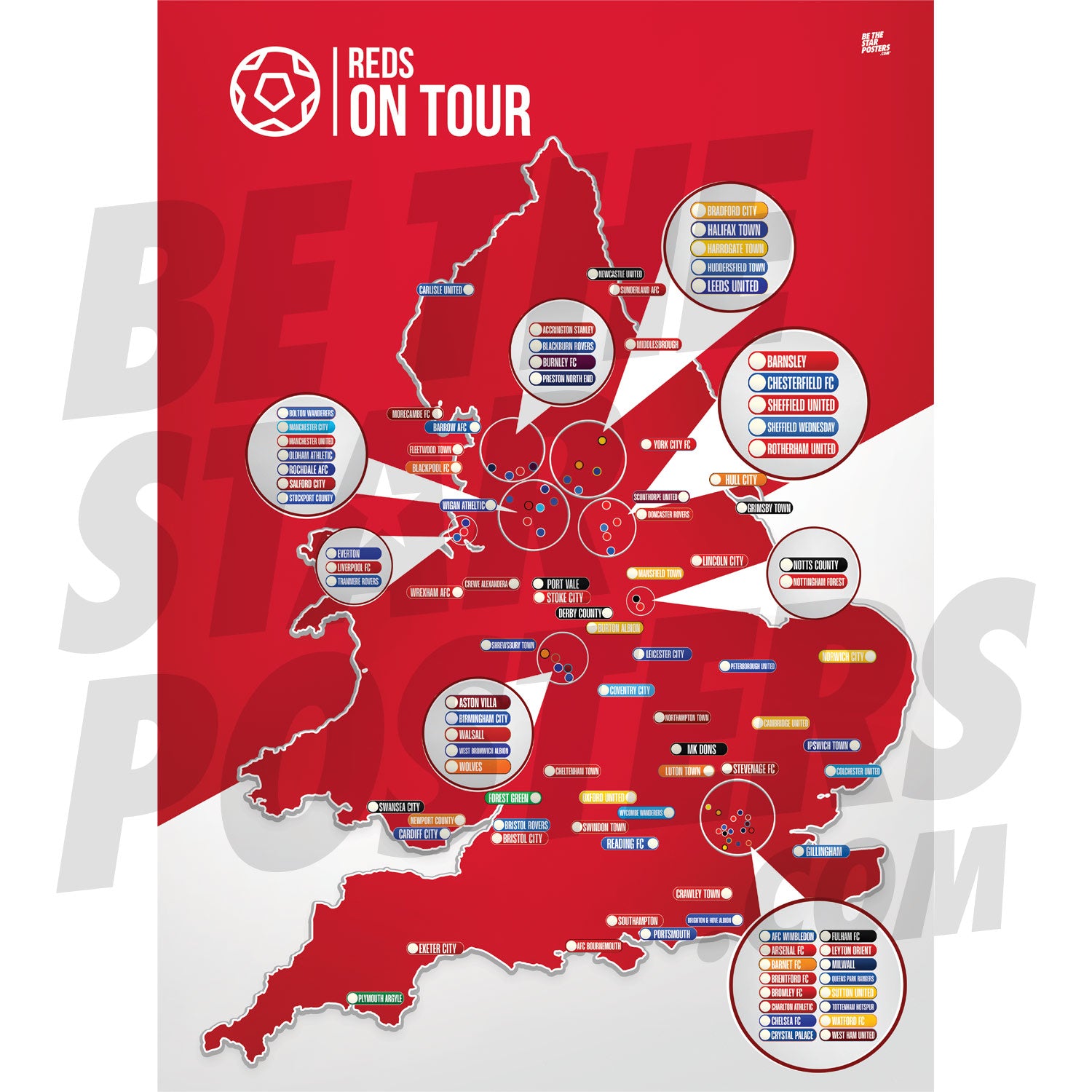 My Football Tour Map | A2 Poster | Red / White Colours - Reds On Tour ...