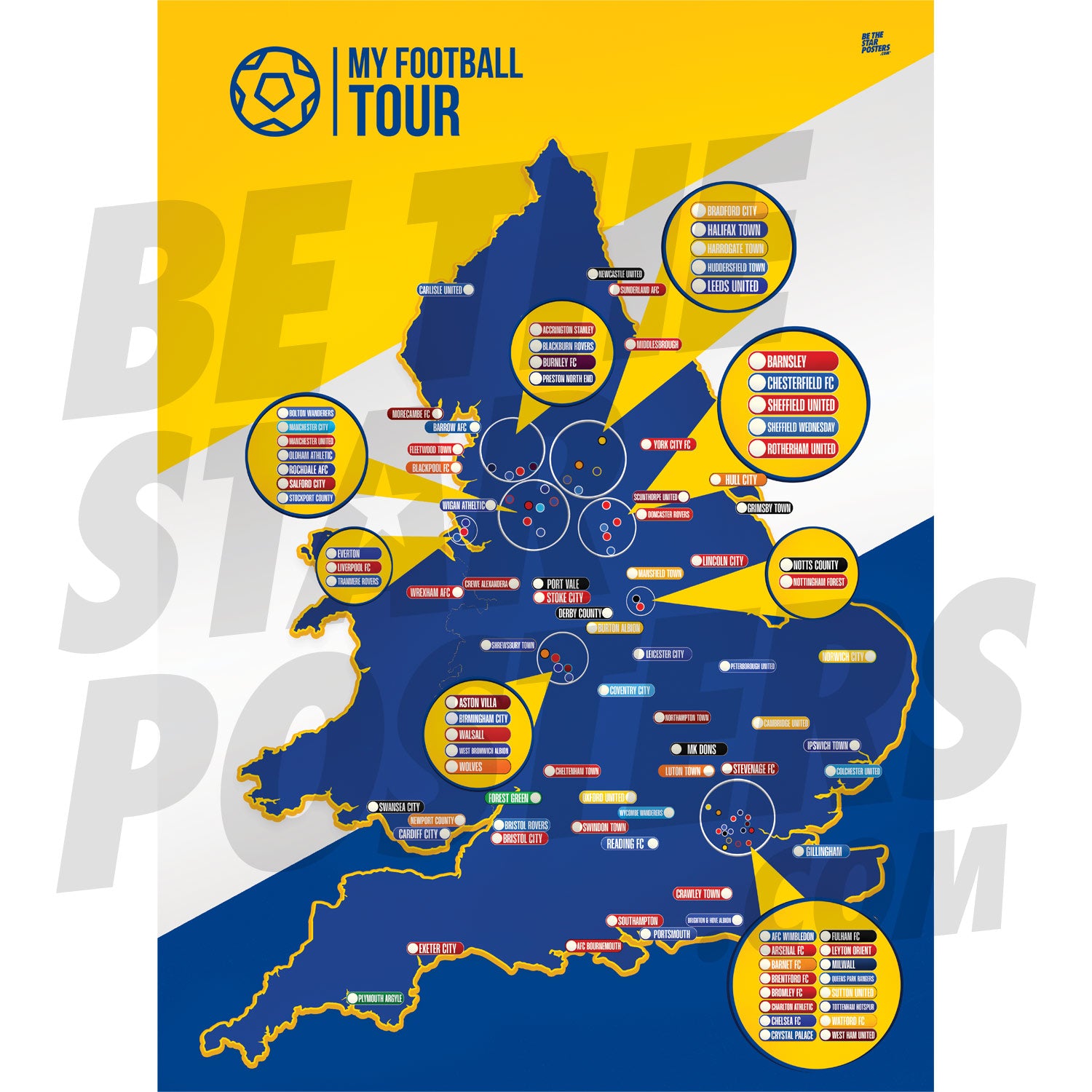 My Football Tour Map | A2 Poster | White / Blue Yellow Team Colours ...